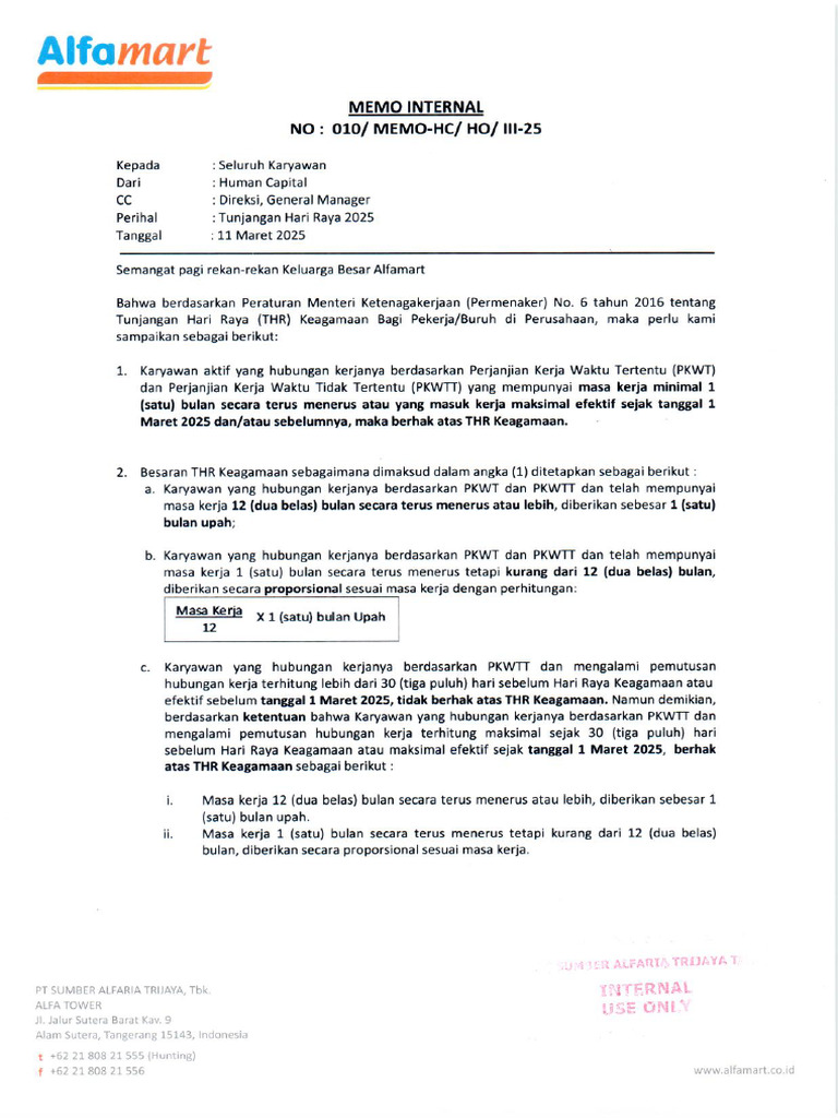 Memo Internal Tunjangan Hari Raya 2025 - 250311 - 071306 | PDF
