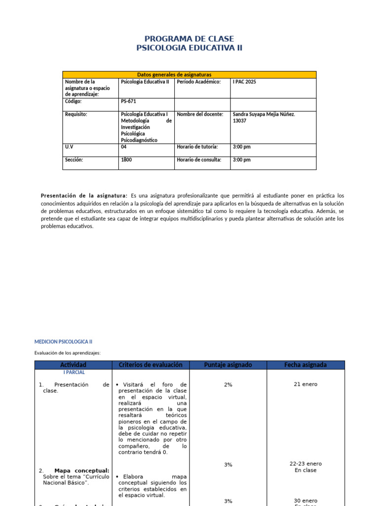 Programa de Clase 2025 | PDF | Psicología Educacional | Sicología