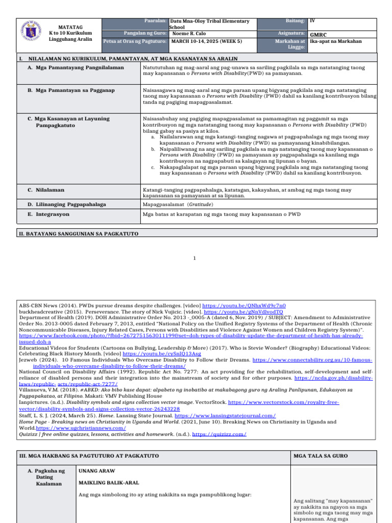 DLL Matatag - GMRC 4 Q4 W5 | PDF