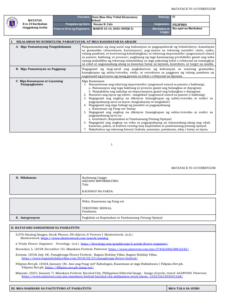 DLL Matatag - Filipino 4 Q4 W5 | PDF