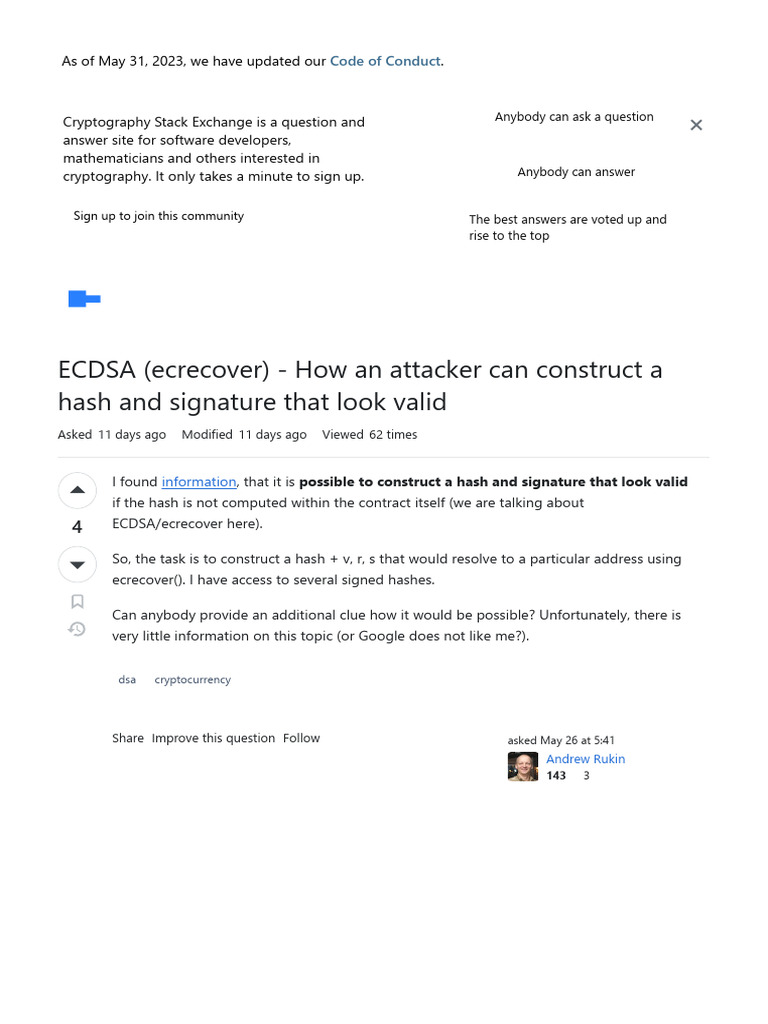 dsa - ECDSA (ecrecover) - How an attacker can construct a hash and signature that look valid ...