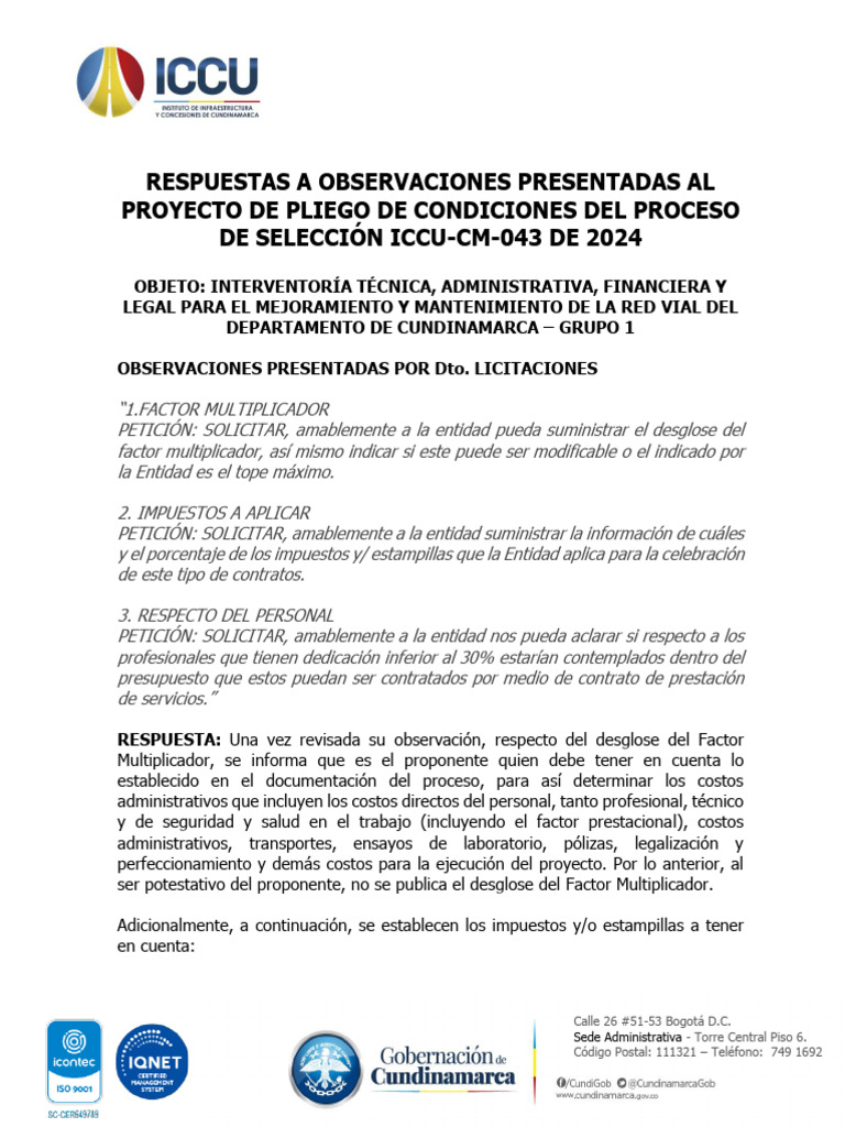 Respuesta Observaciones Proyecto Pliego de Condiciones ICCU-CM-043 de 2024 | PDF | Presupuesto