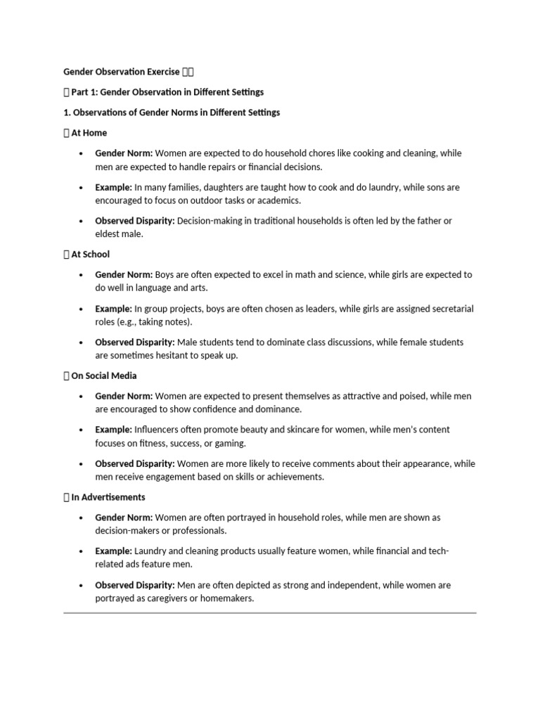 Gender Observation Exercise ? | PDF | Gender Role | Gender