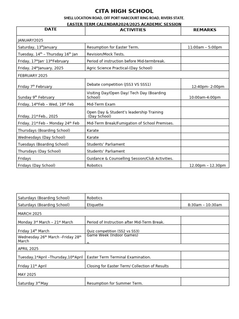 School Calender For Easter Term 2024-2025 Academic Session-1 | PDF ...