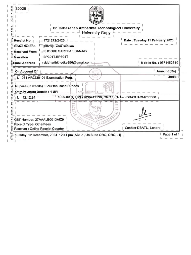 DBATU University Receipt Bill | PDF