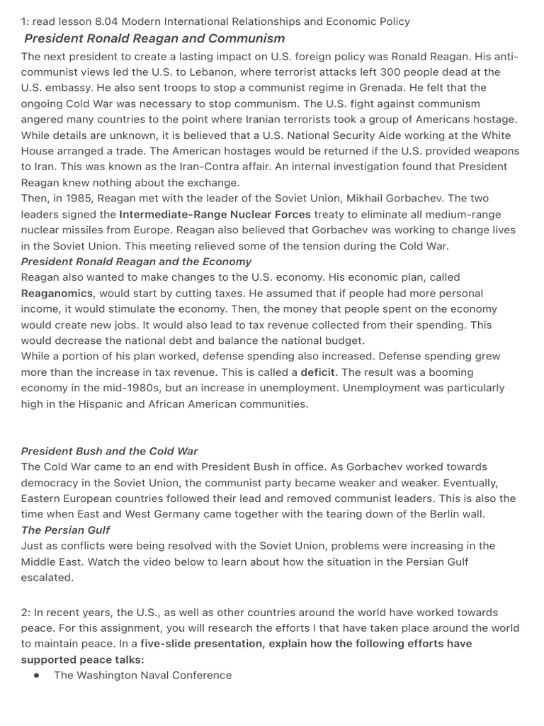 1 Read Lesson 8.04 Modern International Relationships and Economic ...
