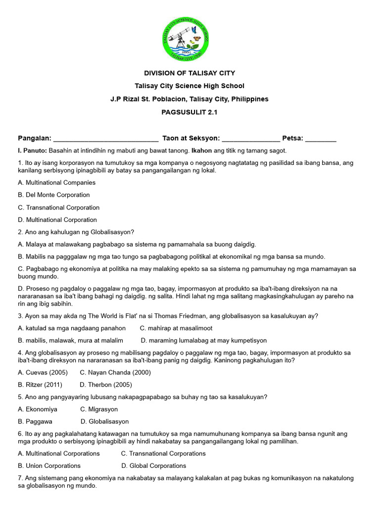 Ap Pagsusulit 2.1 | PDF