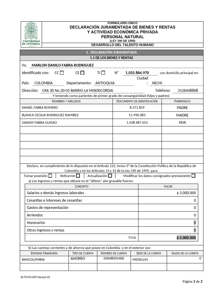 FormularioÚnico DeclaraciónJuramentadade - DI TH FO 059.2020 | PDF | Economias