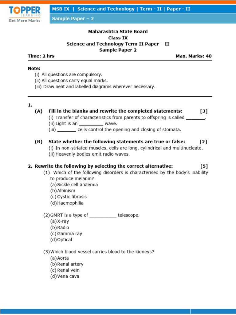Class IX Science Term II Sample Paper | PDF | Tissue (Biology) | Kidney