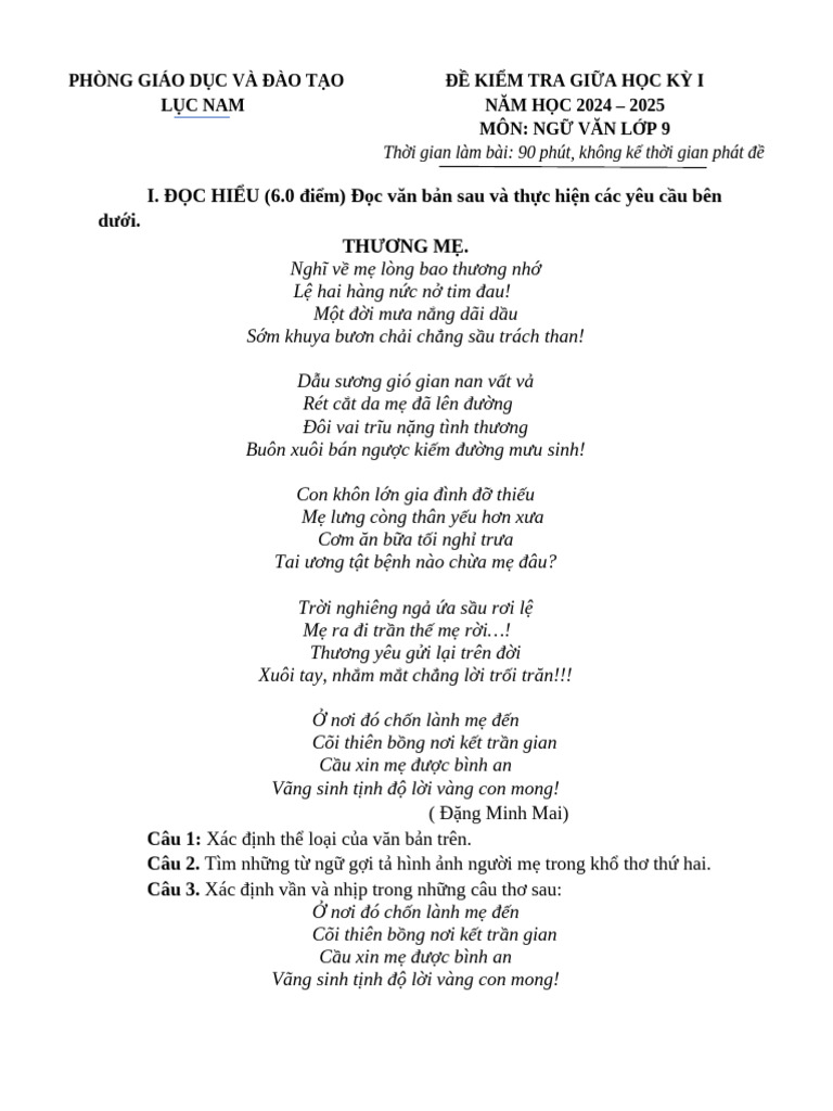 ĐỀ VĂN 9, KTra giũa kì 1, Lục Nam | PDF