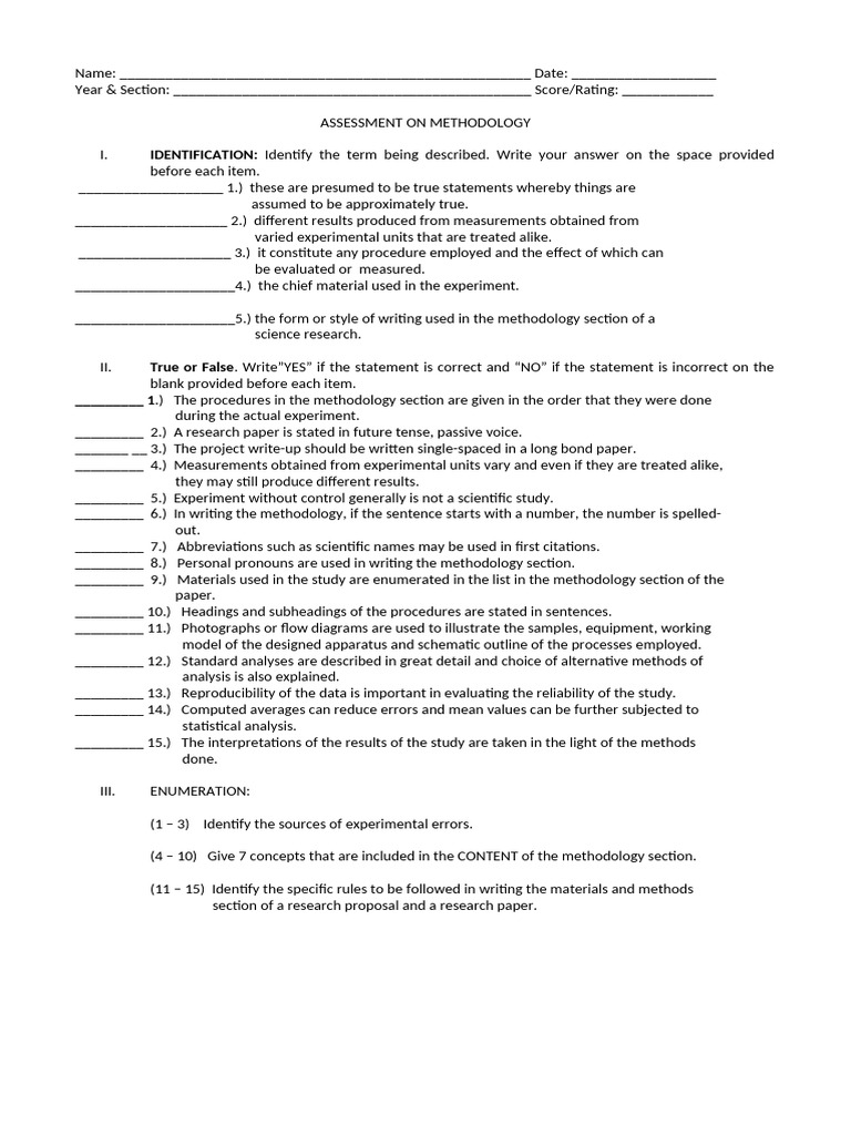 Assessment On Methodology | PDF | Methodology | Experiment