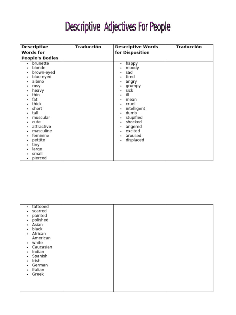 Descriptive Words for Body and Appearance | PDF | Human Appearance | Color