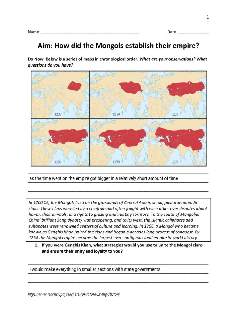 Genghis Khan and The Mongol Establishing An Empire - Student | PDF ...