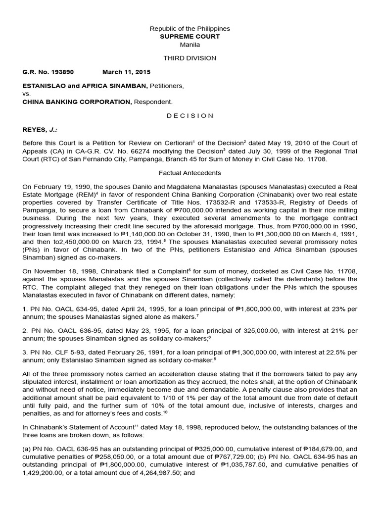 Sps Sinamban V China Banking Corp, GR No 193890 (2015) | PDF | Foreclosure | Lawsuit