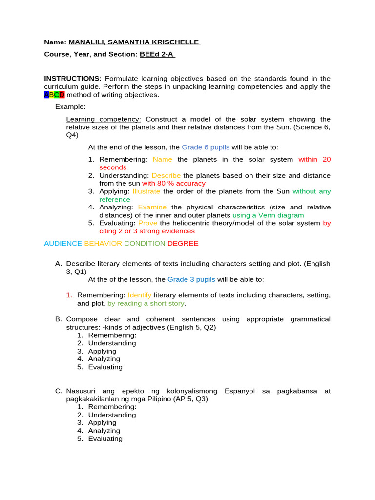 Writing objectives from competencies | PDF | Solar System | Science