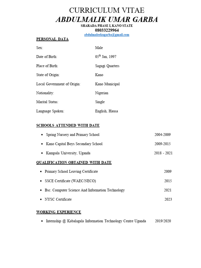 Abdulmalik Umar Garba CV | PDF