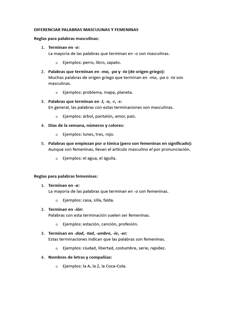 PALABRAS MASCULINAS VS FEMENINAS | PDF