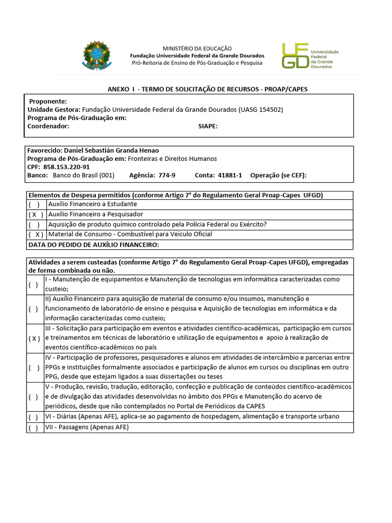 Anexo I Termo de Solicitacao de Recursos - Proap Capes Anpocs 24 ...