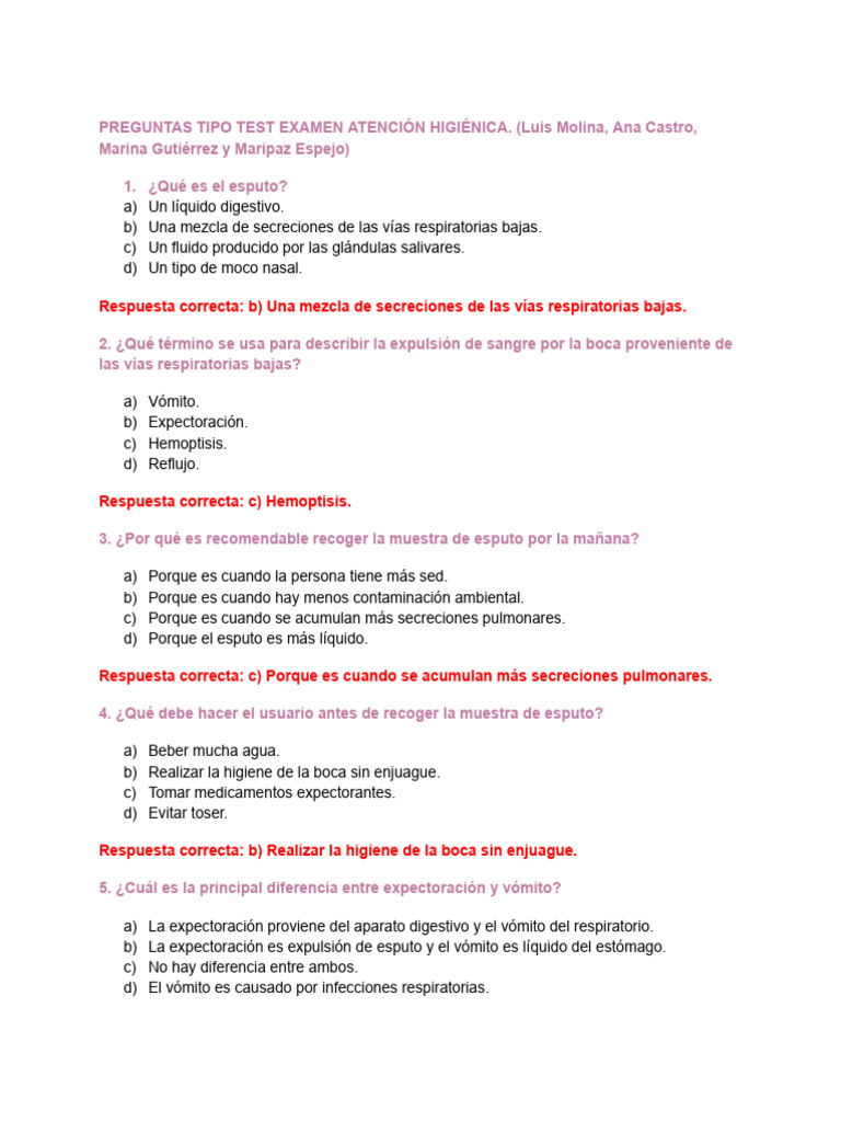 Test de Atención Higiénica: Esputo y Expectoración | PDF
