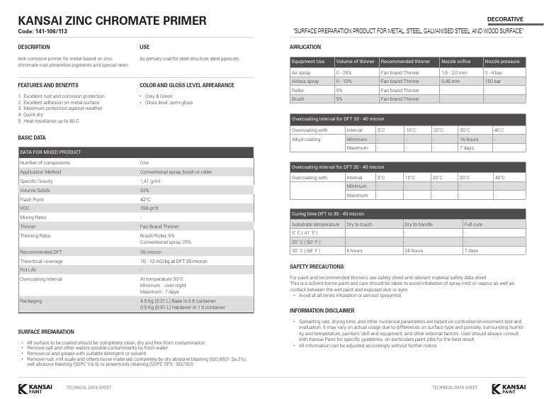 Kansai Zinc Chromate Primer Data Sheet | PDF | Paint | Secondary Sector ...