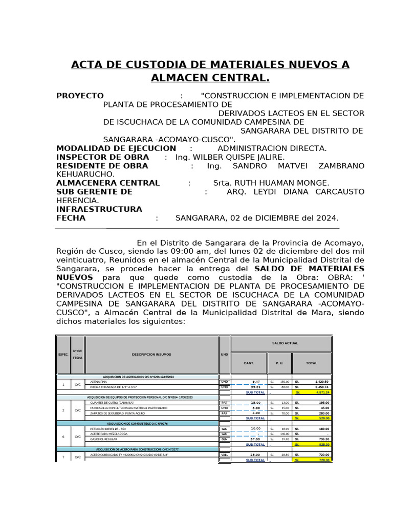 Acta de Entrega de Mat. Nuevos - Planta de Lacteos | PDF | Ingeniería mecánica | Plomería