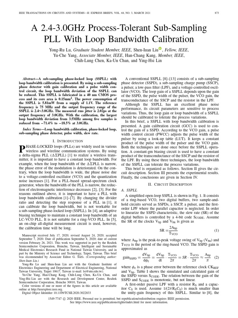 A 2.43.0GHz Process-Tolerant Sub-Sampling PLL With Loop Bandwidth Calibration | PDF | Detector ...