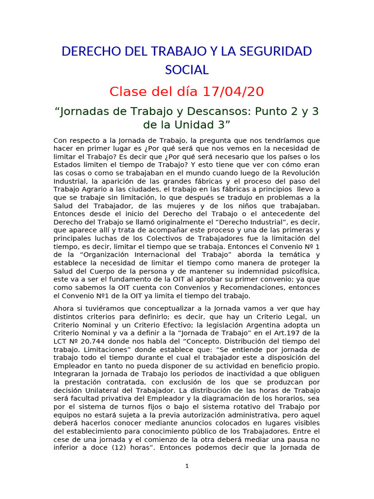 Derecho Del Trabajo y La Seguridad Social Jornadas de Trabajo y Descanso | PDF | Derecho laboral ...
