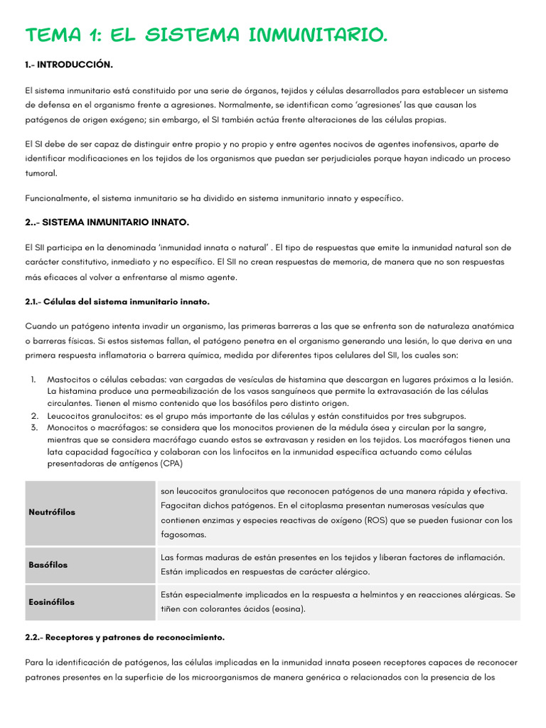 Tema 1 El Sistema Inmunitario. | PDF | Sistema complementario | Sistema inmune