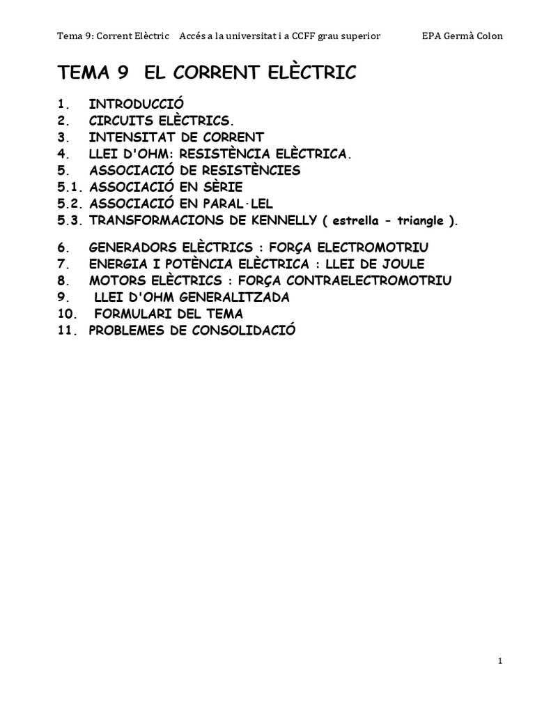 Tema 9. El Corrent Elèctric PAU i CCFF | PDF