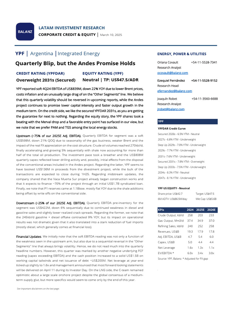 2025.03.10 YPF (Argentina) - Quarterly Blip, But The Andes Promise Holds | PDF | Securities ...