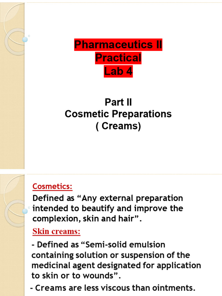 Pharmaceutics II Practical Lab 4: Cosmetic Preparations (Creams) | PDF ...