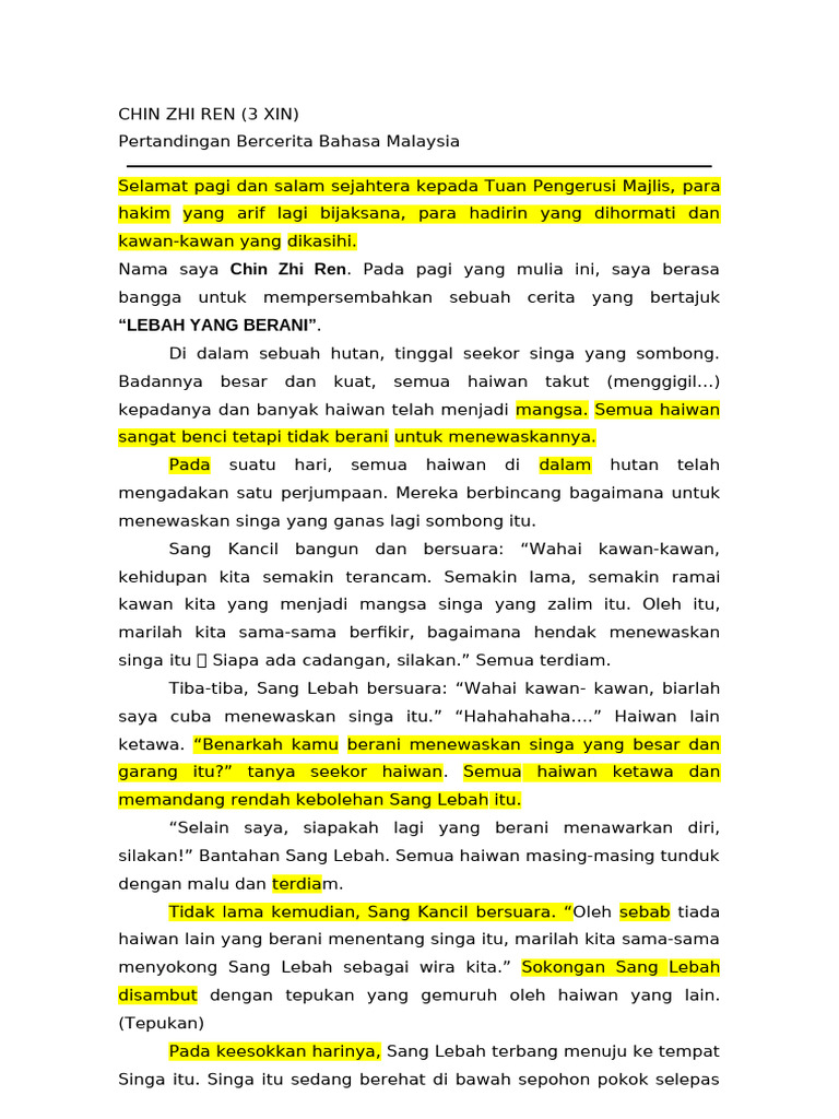 Kisah Berani Sang Lebah Melawan Singa | PDF