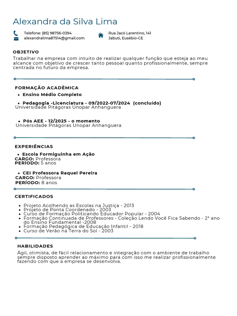 Currículo de Professora Alexandra Lima | PDF
