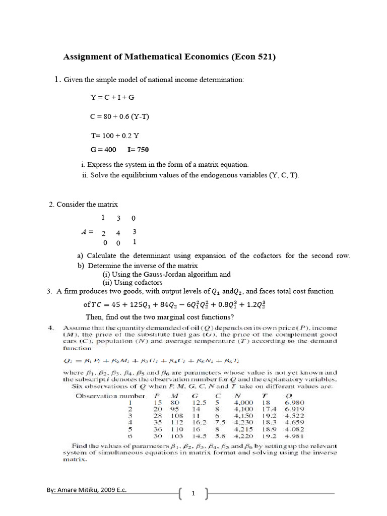 Assignment of Mathematical Economics | PDF | Demand | Matrix (Mathematics)