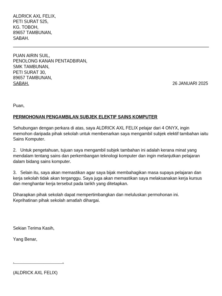 Surat Rasmi Permohonan Subjek Elektif | PDF