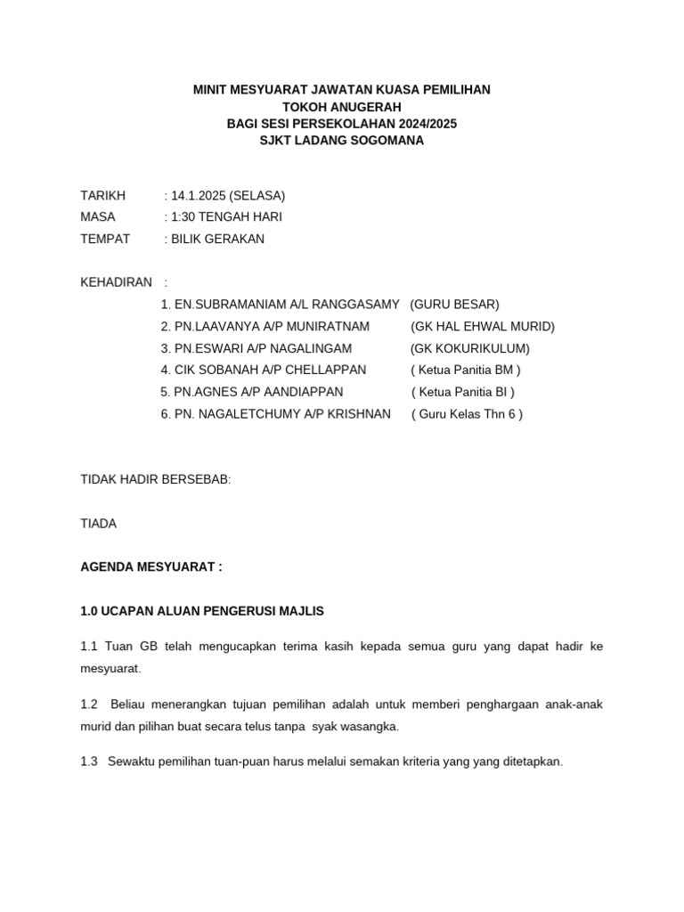 Minit Mesyuarat Pemilihan Tokoh Murid | PDF