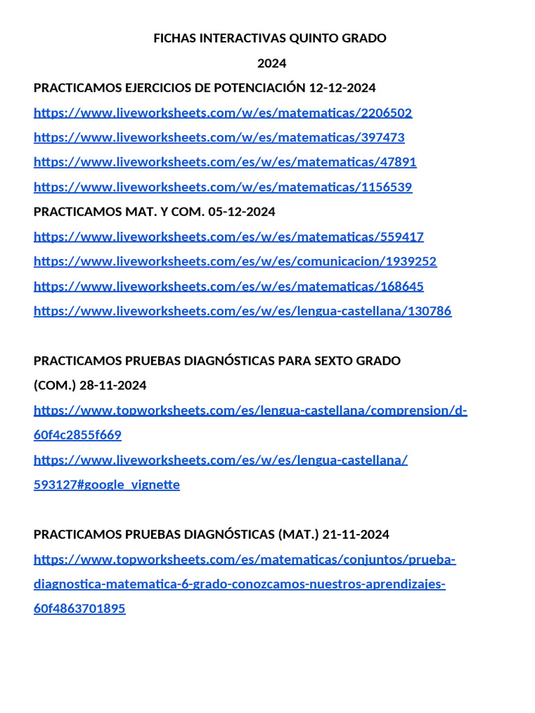 5° Grd. FICHAS INTERACTIVAS 2024 | PDF | Matemática Elemental | Matemáticas