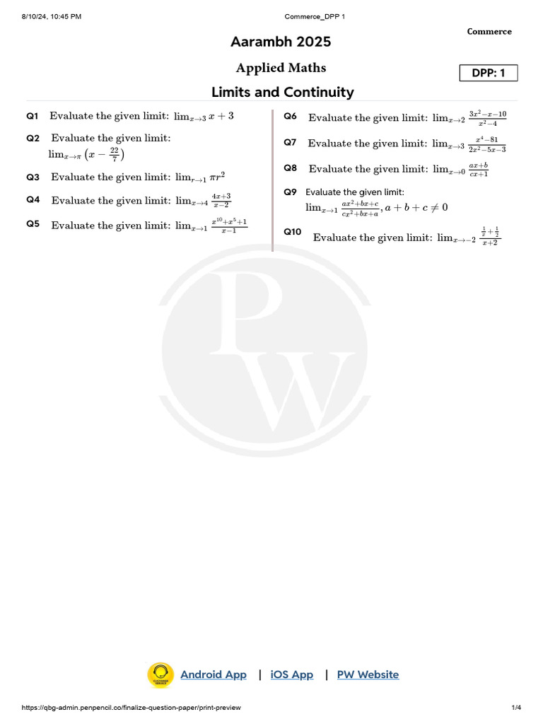 Limits and Continuity Solutions DPP | PDF