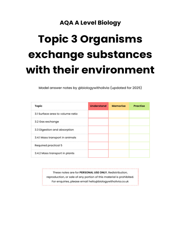 Topic 3 Organisms Exchange Substances With Their Environment (Updated ...