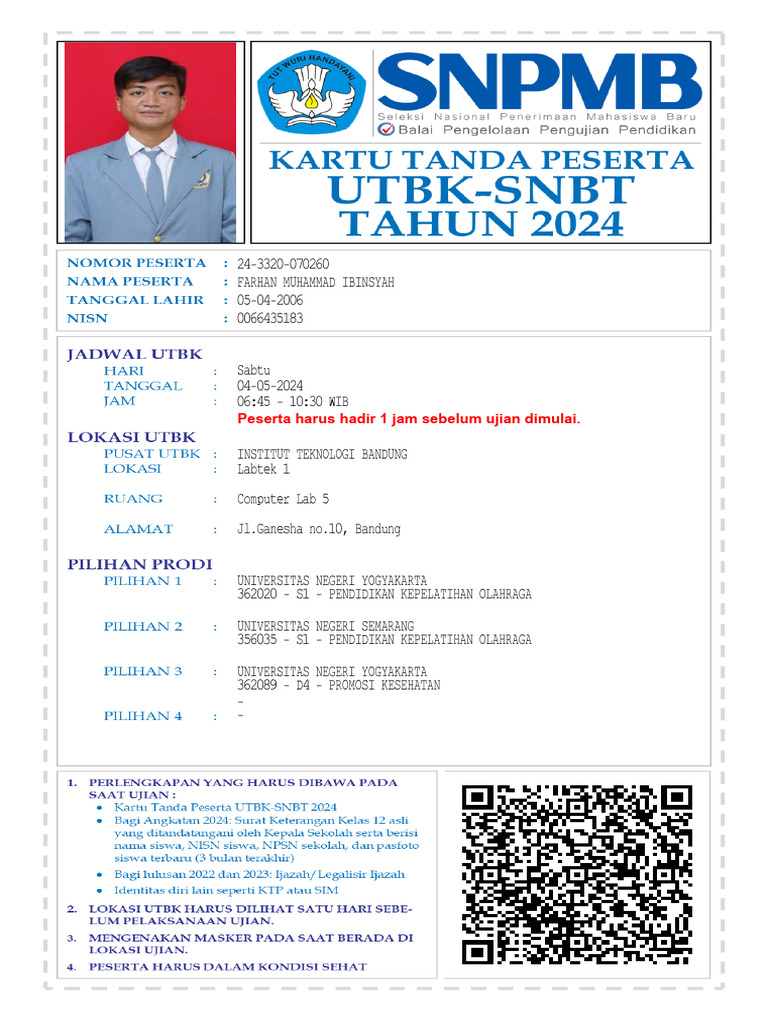 Kartu Peserta UTBK - 243320070260 | PDF