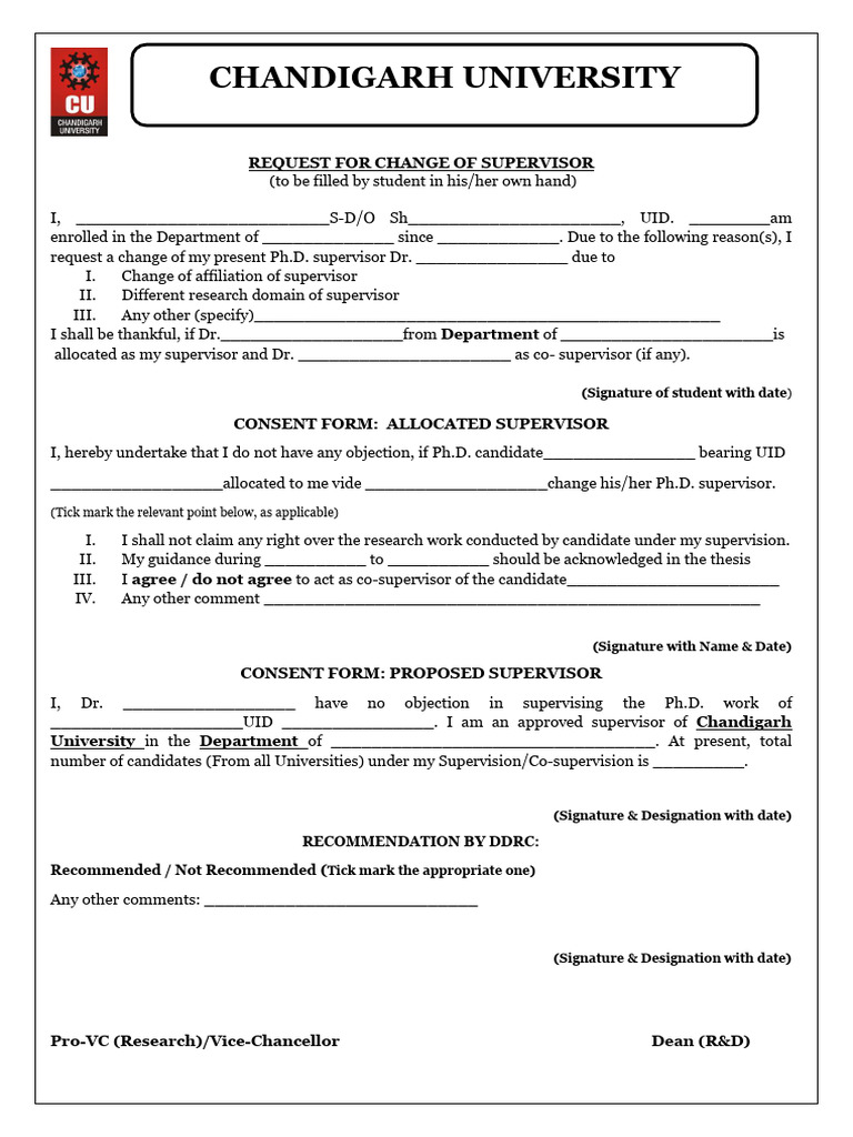 CHANGE OF PHD SUPERVISOR PERFORMA | PDF | Doctor Of Philosophy | Academia