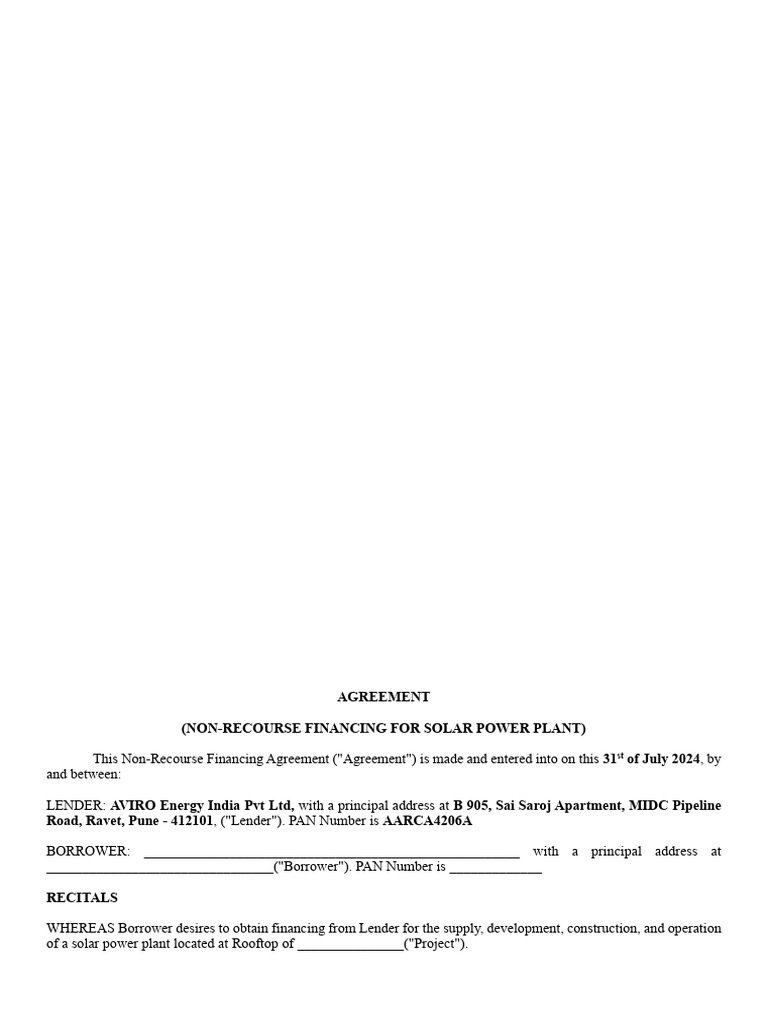 Sample - Non-Recourse Financing Solar Plant Agreement | PDF | Loans | Security Interest