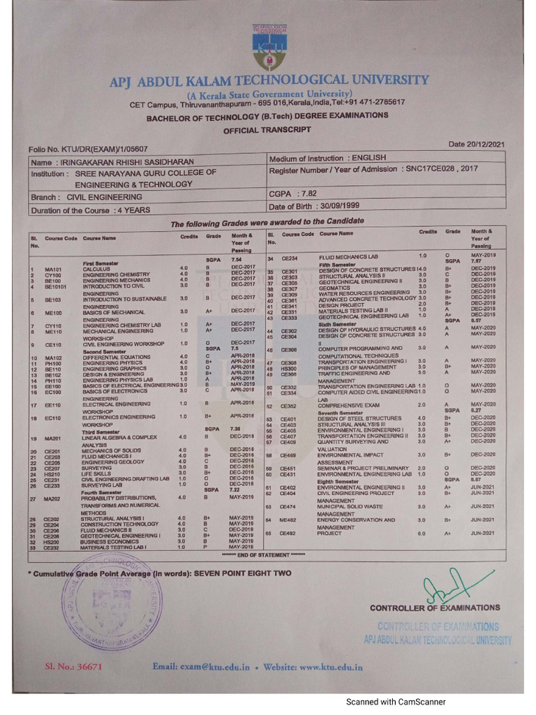 Official Transcript Btech | PDF