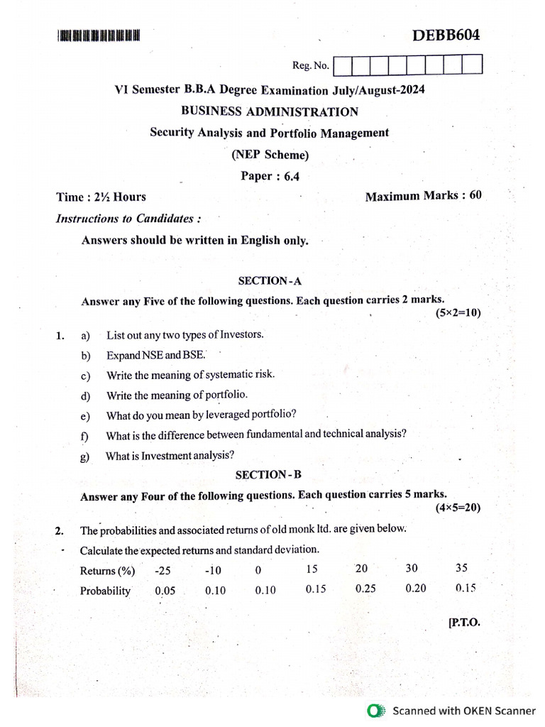 VI Sem BBA (Security Analysis and Portfolio Management) | PDF