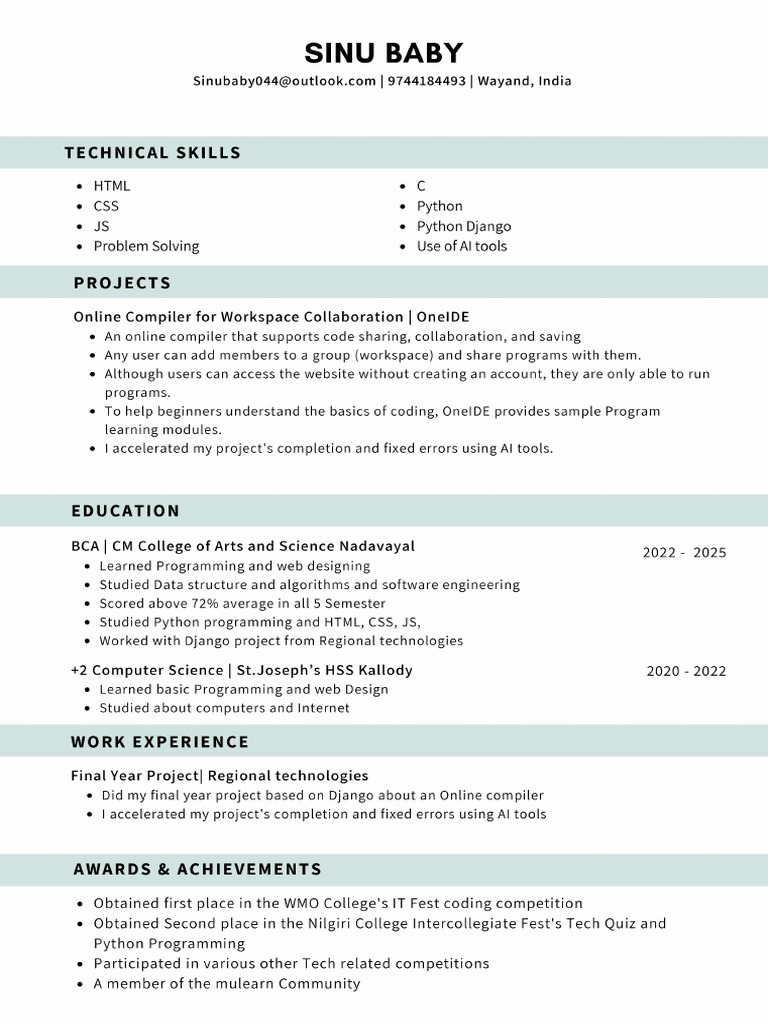 Sinu Baby Resume. | PDF