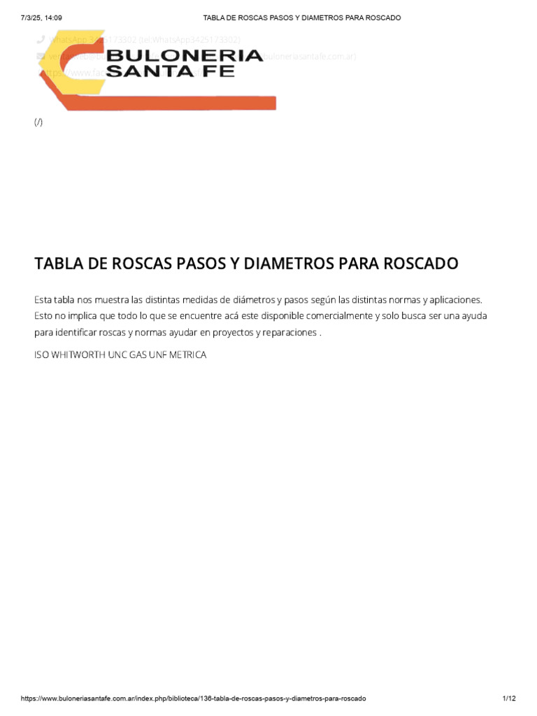 TABLA DE ROSCAS PASOS Y DIAMETROS PARA ROSCADO | PDF