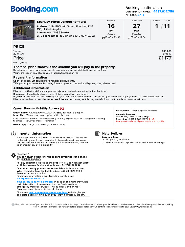 Booking.com Confirmation | PDF | Fee | Payments