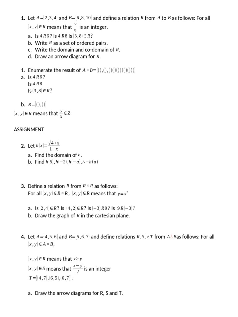Exercises On Function and Relations | PDF