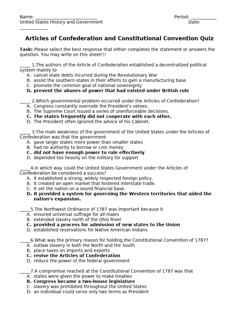 Quiz - Articles of Confederation and Constitutional Convention2 | PDF ...