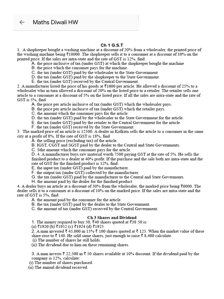 Maths Diwali HW | PDF | Value Added Tax | Taxes